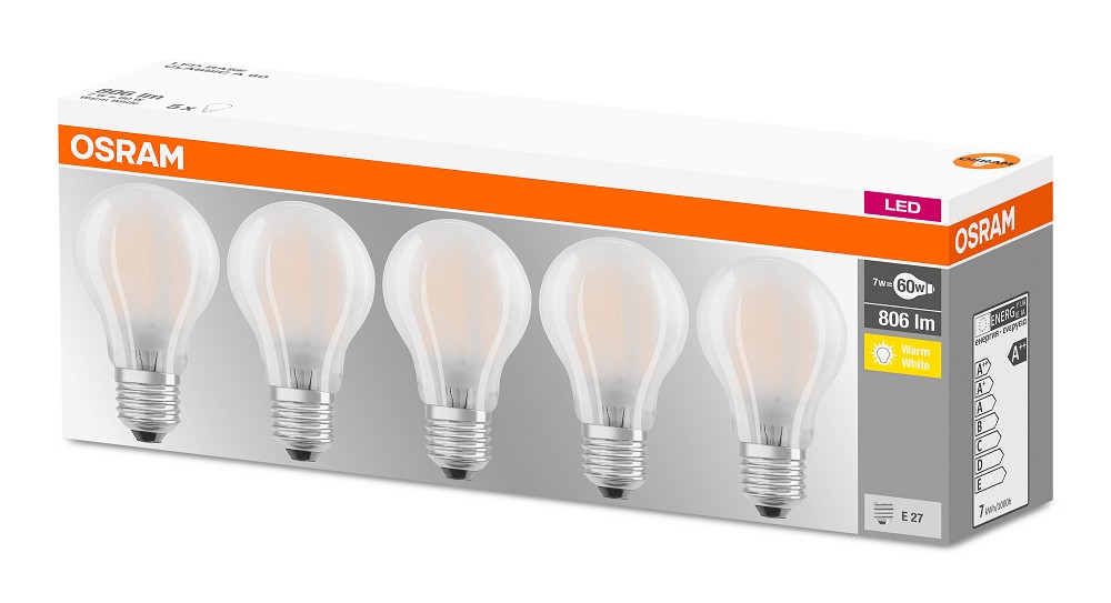 5er PACK Osram LED Leuchtmittel E27 Matt Filament 7W warmweiss wie 60W 806 Lumen