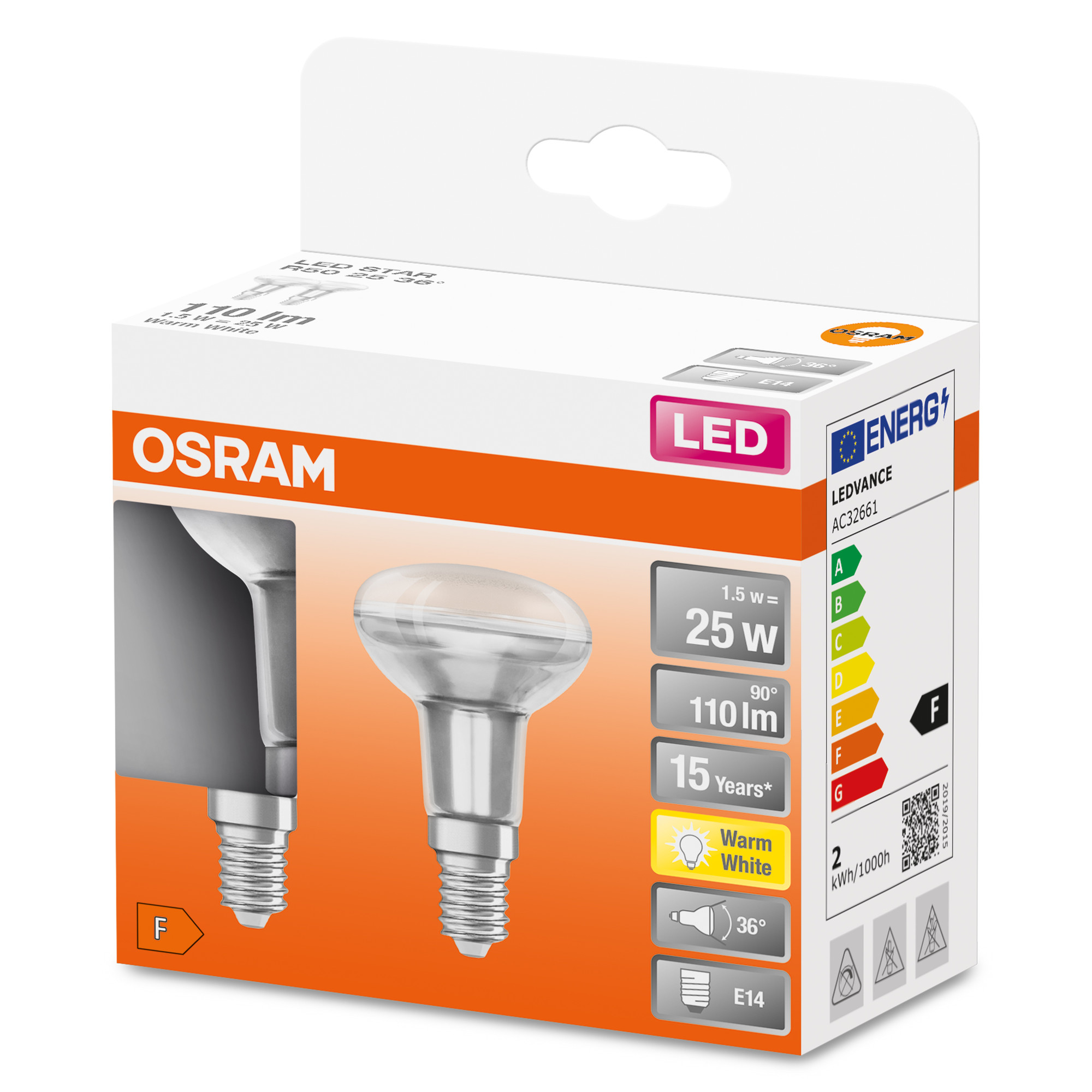 2er Pack OSRAM LED E14 Reflektor R50 36° Abstrahlwinkel 1.5W wie 25W ...