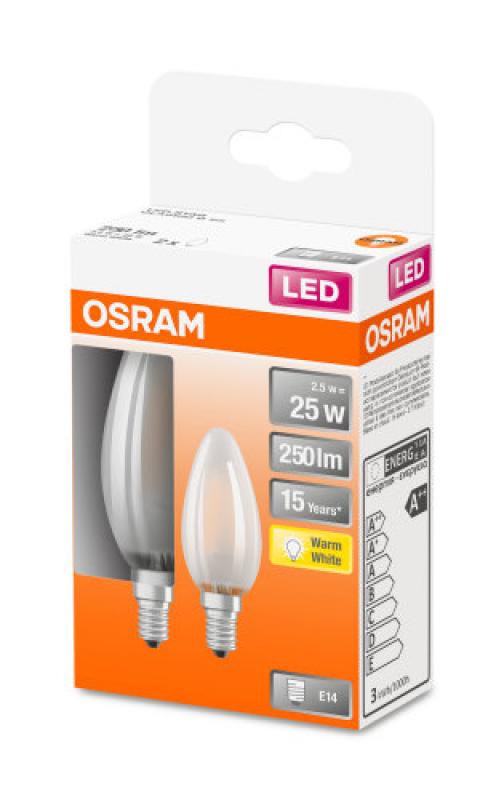 OSRAM LED Classic E14 Kerze RETROFIT MATT 2,5W=25W 2700K 2er-PACK A++